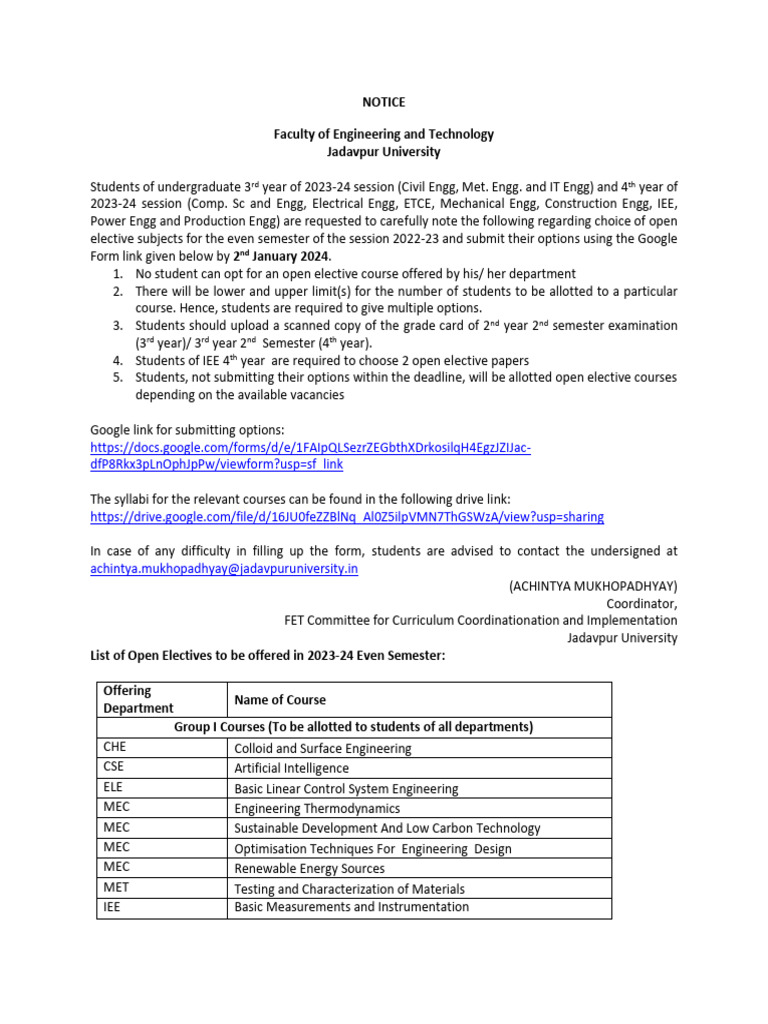 Open Elective Course Selection Notice | PDF | Engineering | Applied And ...