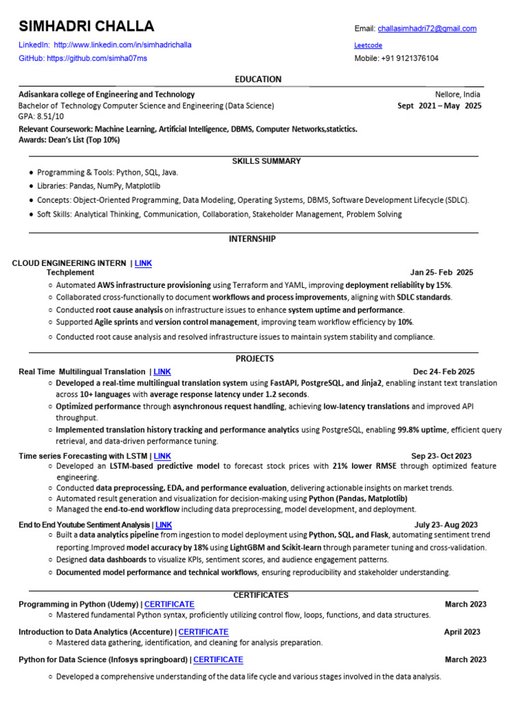 Simhadri Challa SDE 2025 | PDF | Databases | Data Analysis