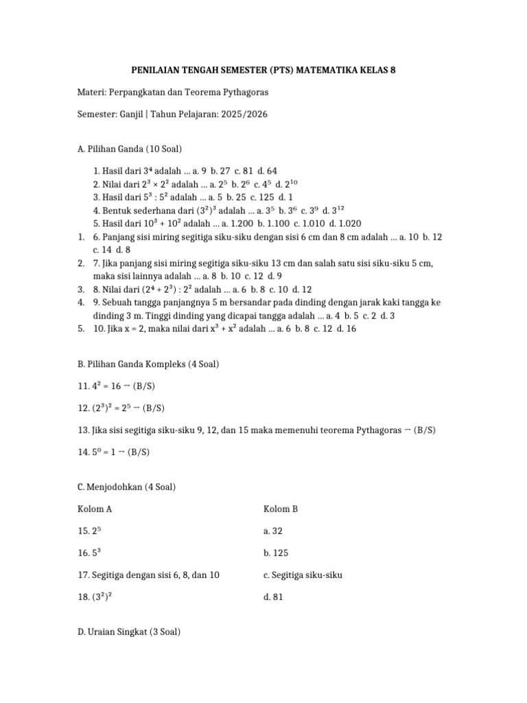PTS Matematika Kelas 8: Perpangkatan & Pythagoras | PDF