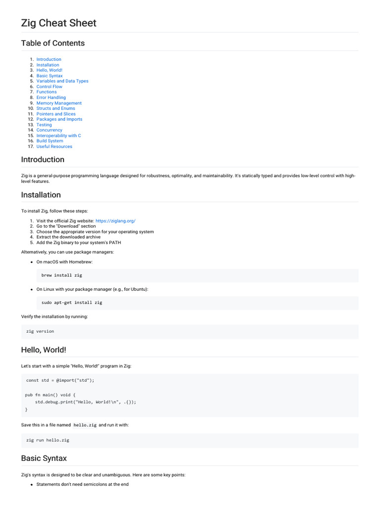 Zig Cheatsheet | PDF | Computer Engineering | Object Oriented Programming