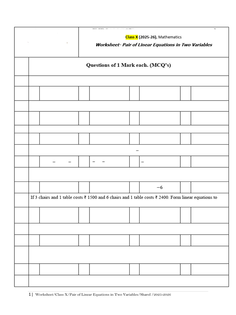 Cl 10_ws_math_pair of Linear Equations in Two Variables | PDF | Equations | System Of Linear ...