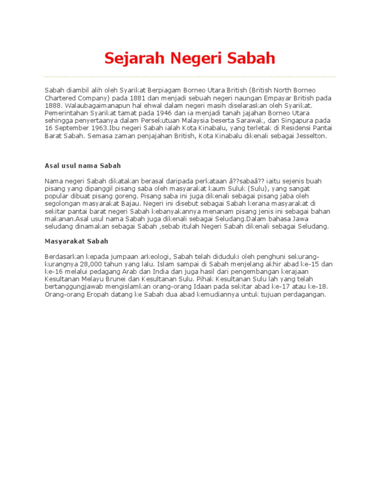 Sejarah Negeri Sabah | PDF