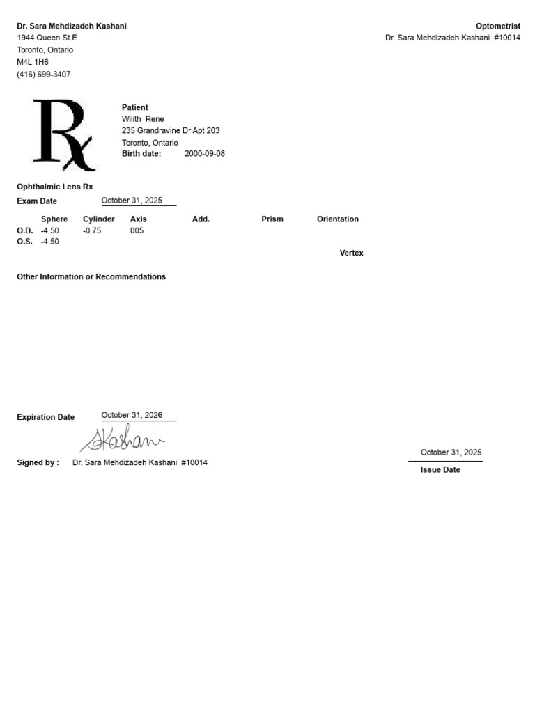 Optometrist Prescription for Wilith Rene | PDF
