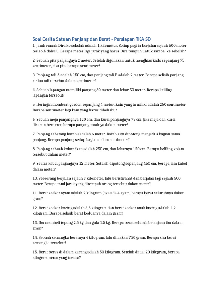 Soal Cerita Satuan Panjang Dan Berat TKA SD | PDF