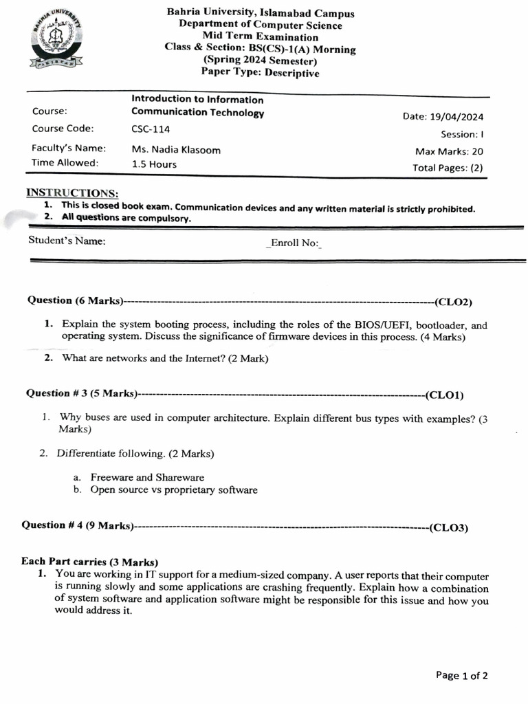 ICT Mid 20-04-24 (1) | PDF | System Software | Computer Architecture