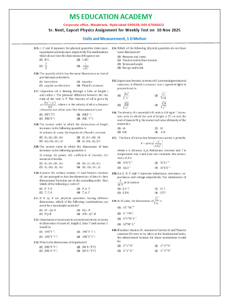 Sr. Neet, Eapcet Physics Assginment (10 Nov 2025) | PDF