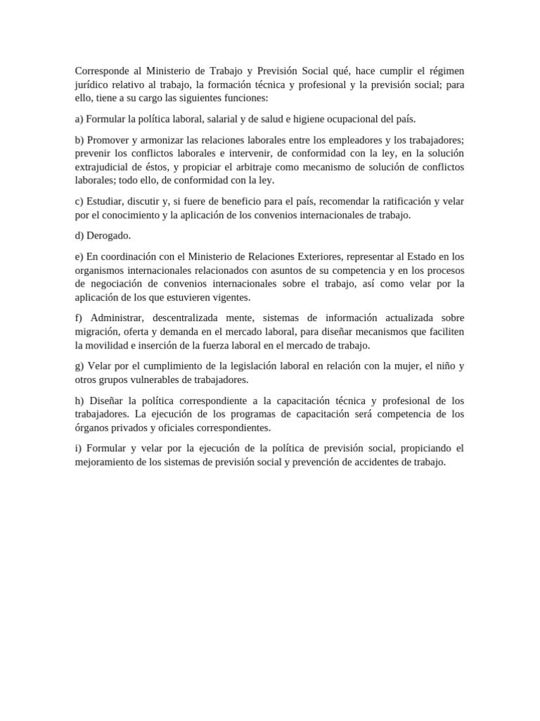 Funciones del Ministerio de Trabajo y Previsión Social | PDF