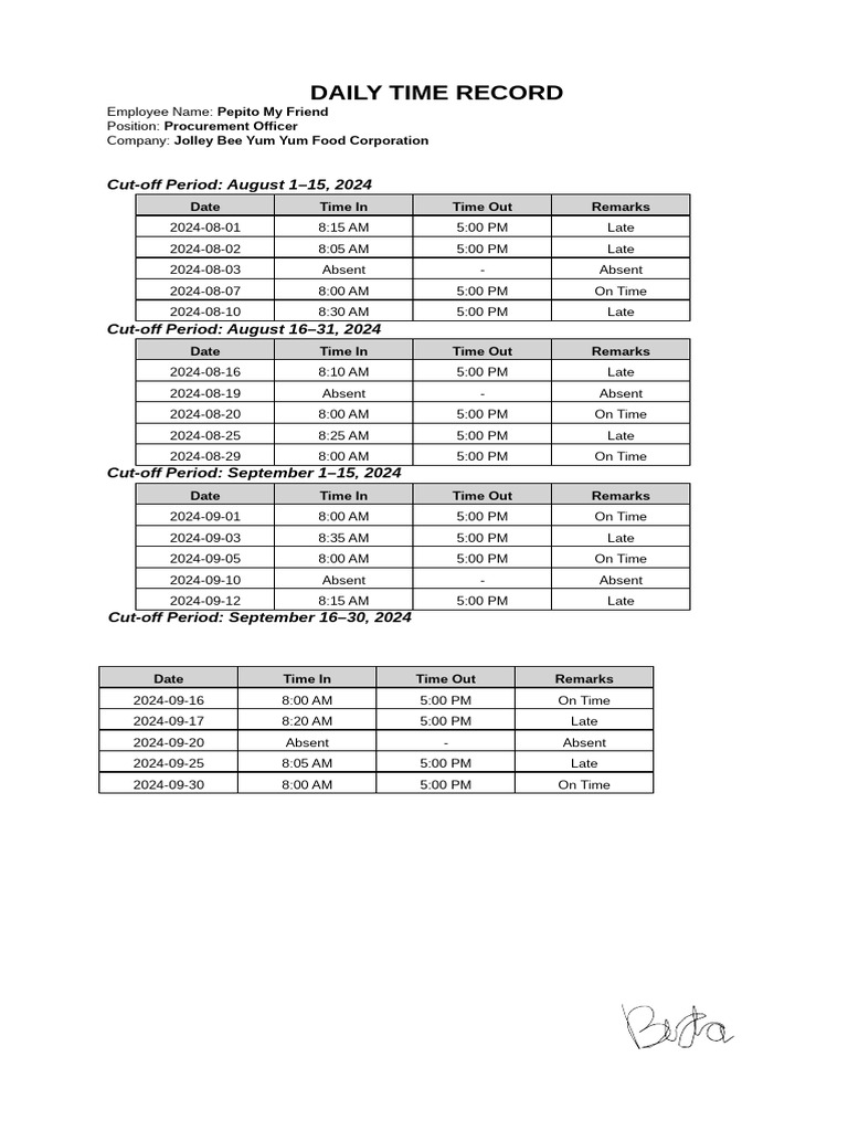 Daily Time Record Pepito My Friend | PDF