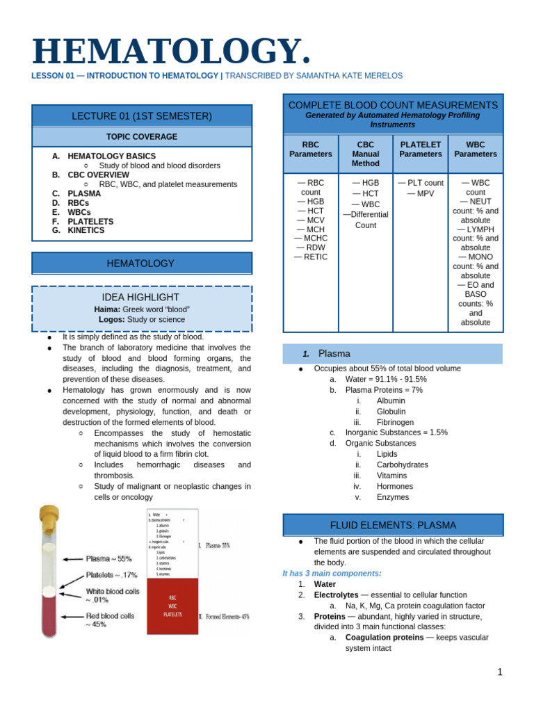 L01 Introduction To Hematology Pdf Granulocyte Coagulation
