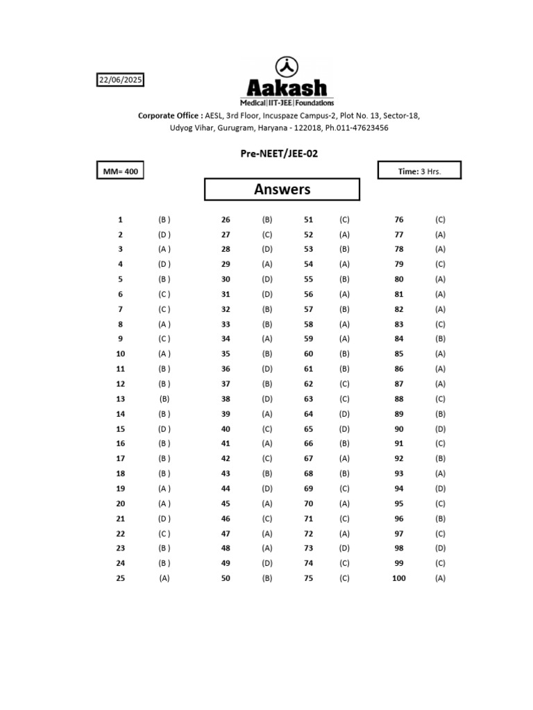 Answer Key Pre Neet 02 Class 9th | PDF