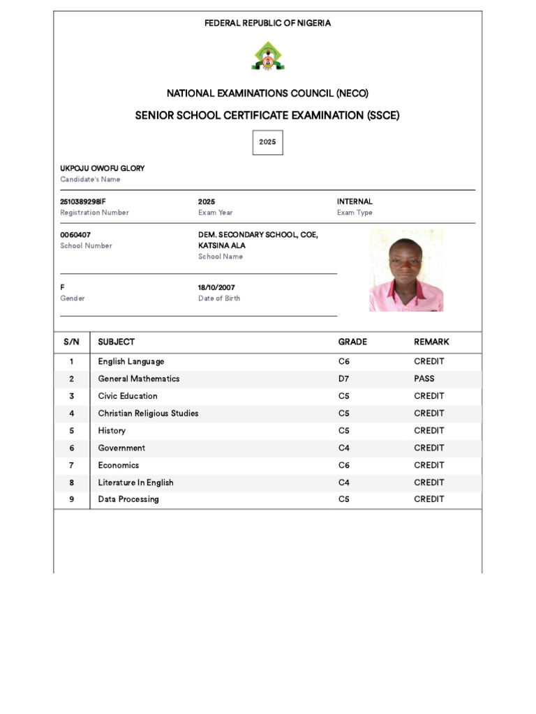 NECO Results Portal | PDF