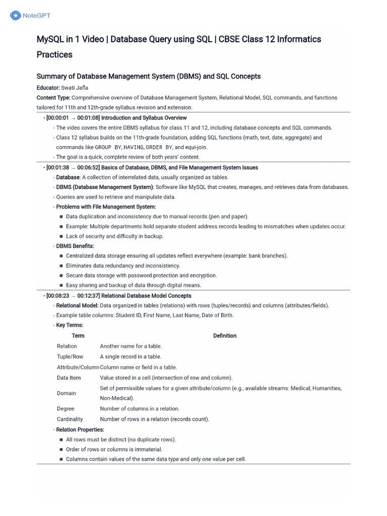 NoteGPT - Summary - MySQL in 1 Video - Database Query Using SQL - CBSE Class 12 Informatics ...