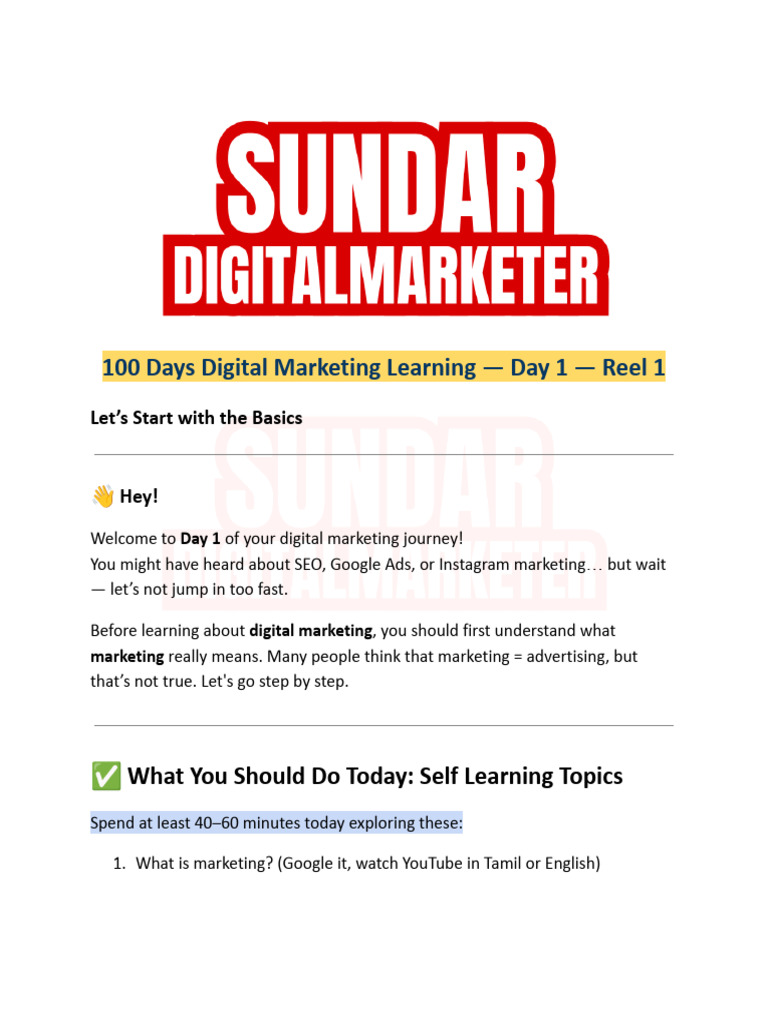 DAY 1 - DM Learning - Marketing Basics | PDF | Digital Marketing ...
