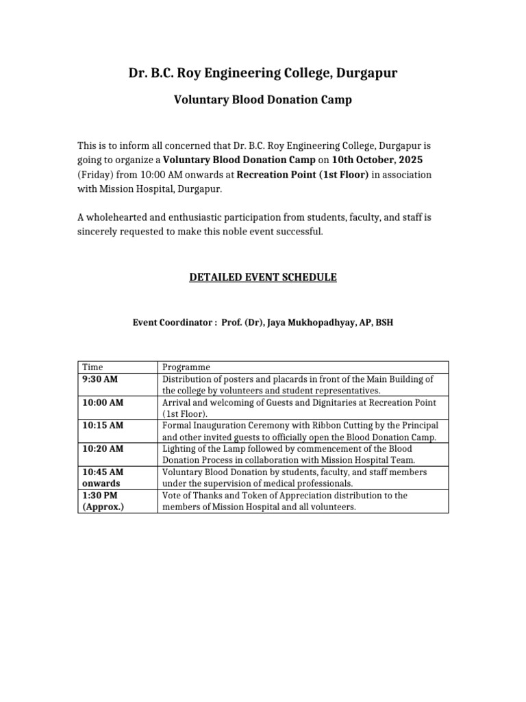 Blood Donation Camp Schedule Elaborated | PDF
