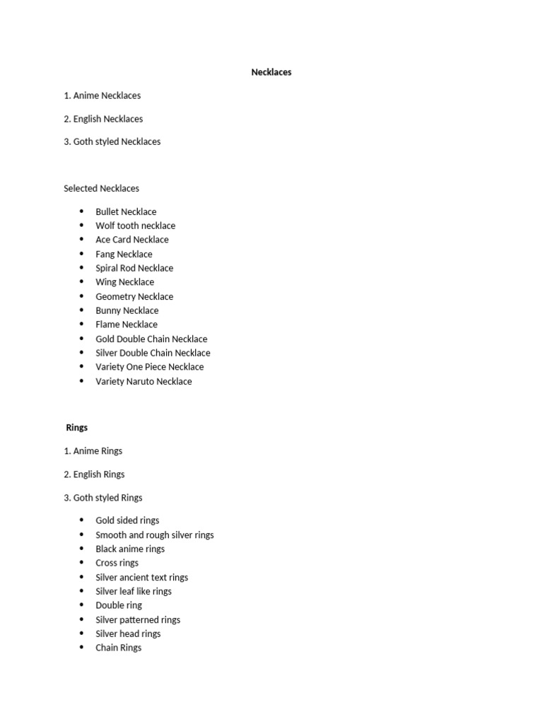 Updated List Of Items 1 Pdf Necklace Bracelet