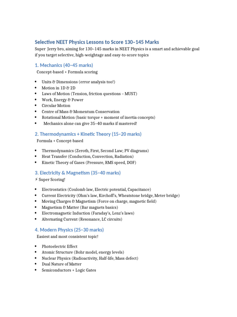 NEET Physics: Score 130-145 Marks Guide | PDF