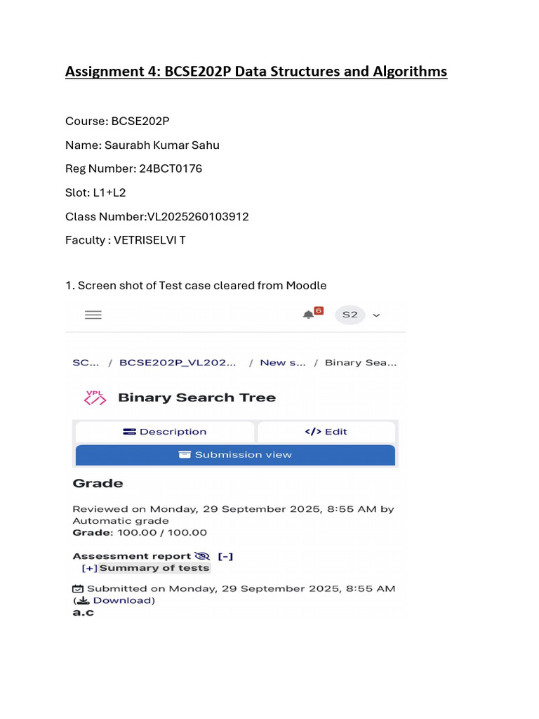 Assignment 4 BCSE202P Data Structures and AlgorithmsNAME Reg (1) | PDF | Algorithms | Computer ...