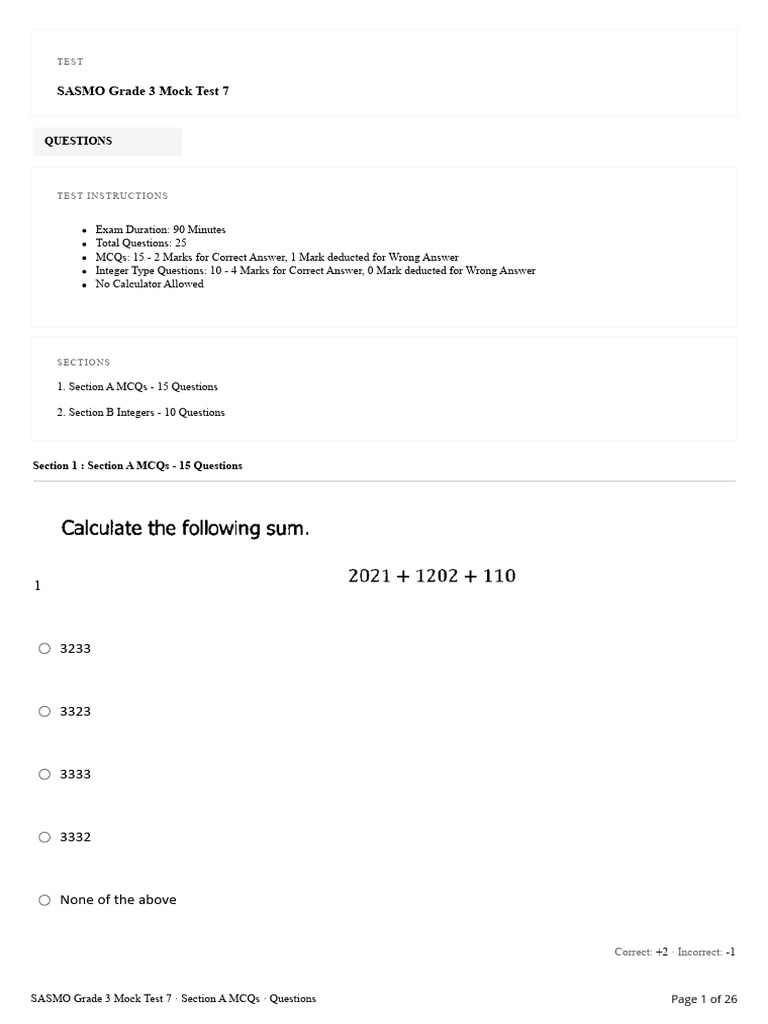 SASMO Grade 3 Mock Test 7 Questions | PDF | Multiple Choice | Tests