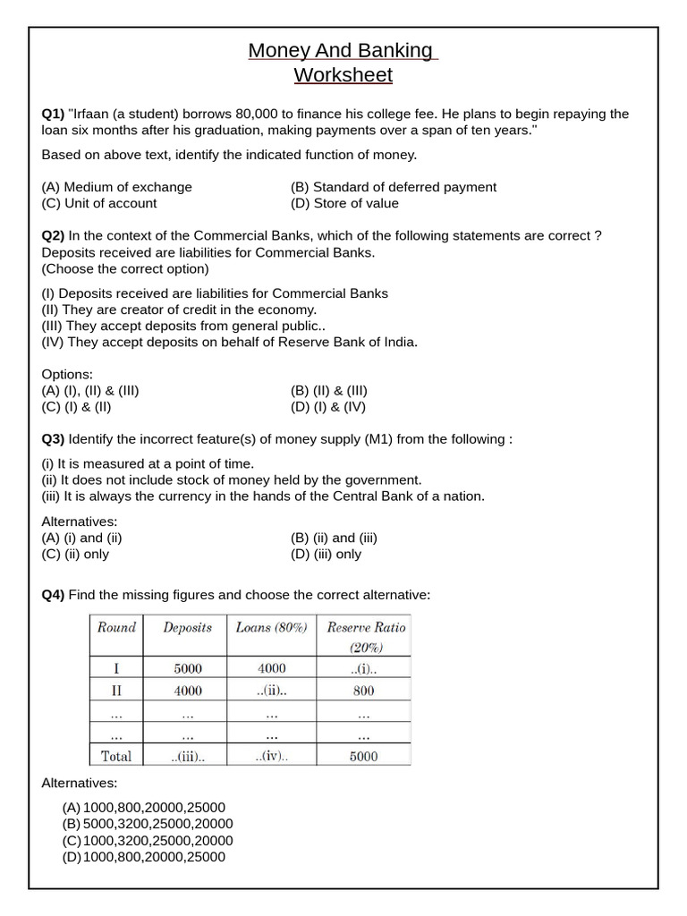 Money and Banking Worksheet Questions | PDF | Money | Reserve Bank Of India