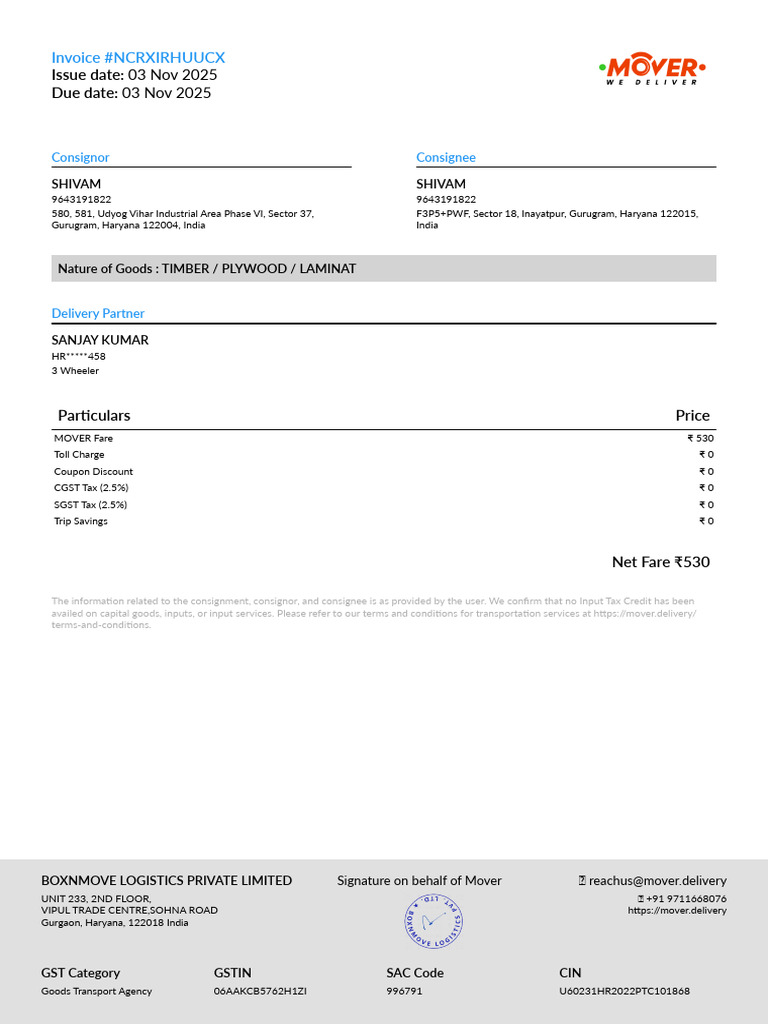 Mover Delivery Invoice NCRXIRHUUCX | PDF | Taxation | Government Finances