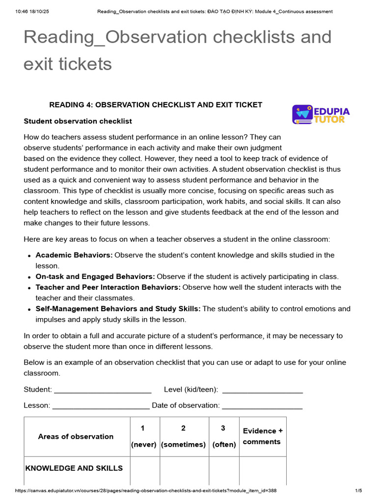 Reading - Observation checklists and exit tickets - ĐÀO TẠO ĐỊNH KỲ ...