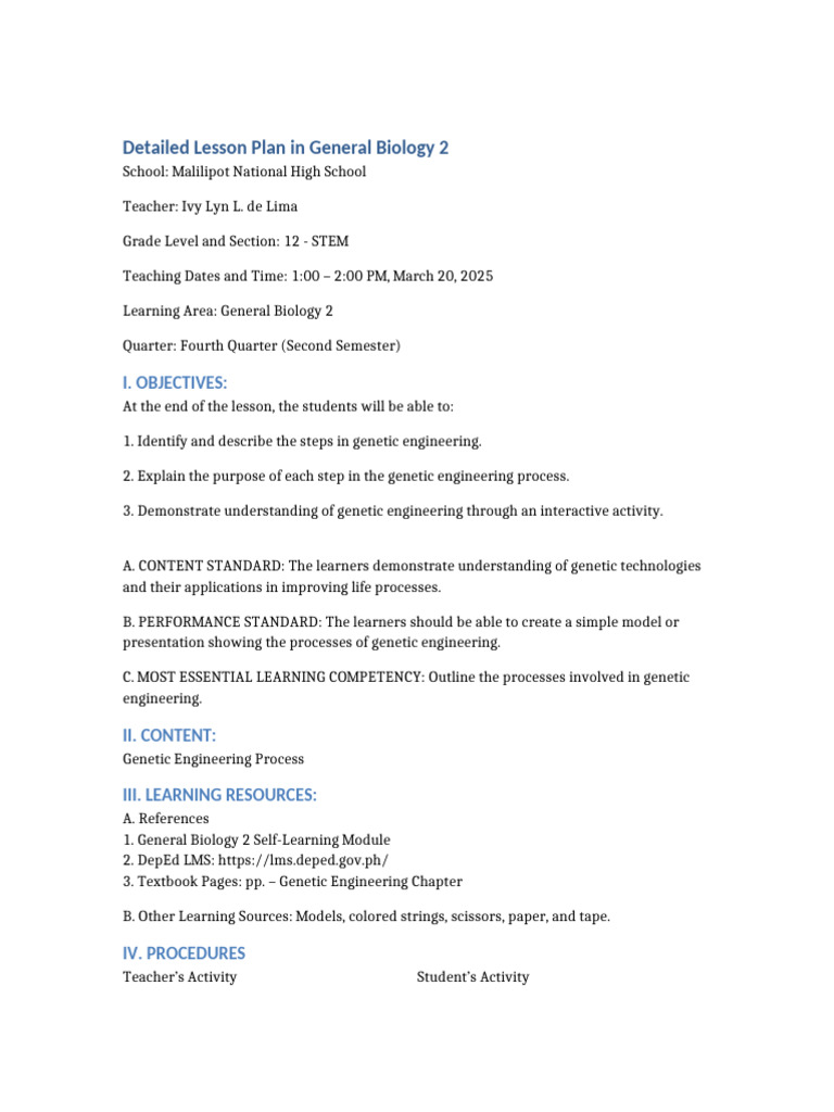 Lesson Plan Genetic Engineering | PDF | Plasmid | Gene