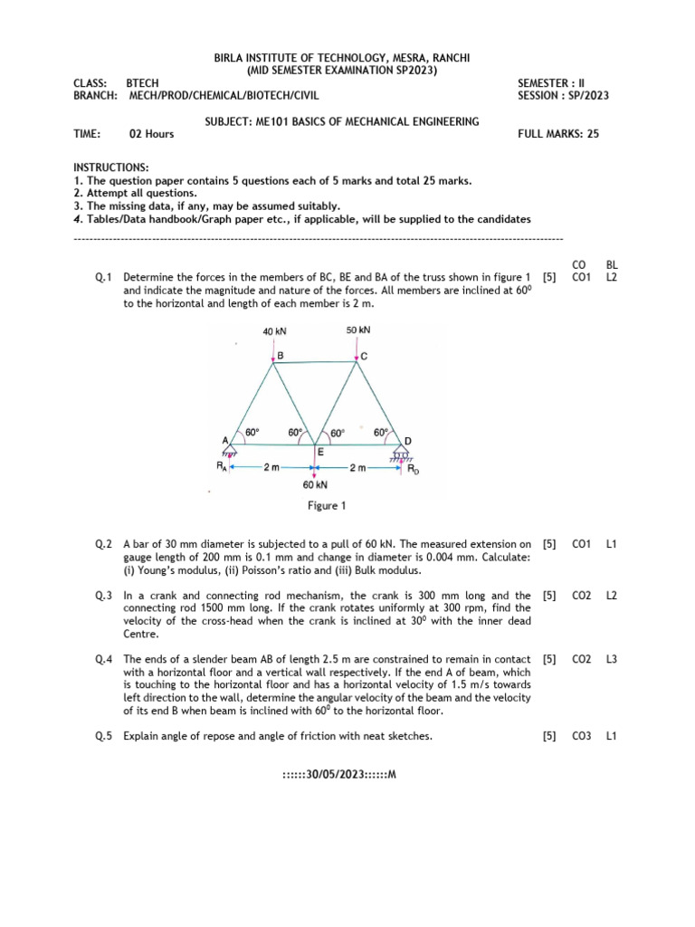 Me101 Basics of Mechanical Engineering (Mid - sp23) | PDF | Mechanics ...