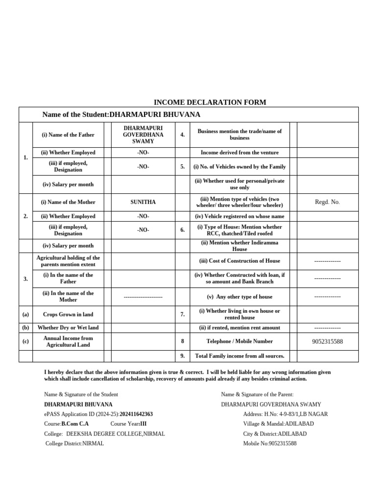 Income Declaration Form | PDF