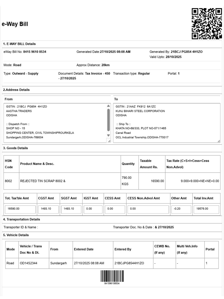 E-Way Bill Details and Transportation Info | PDF | Taxes | Government ...