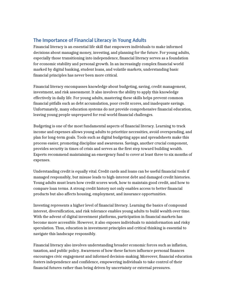 Financial Literacy for Young Adults | PDF | Financial Literacy | Literacy