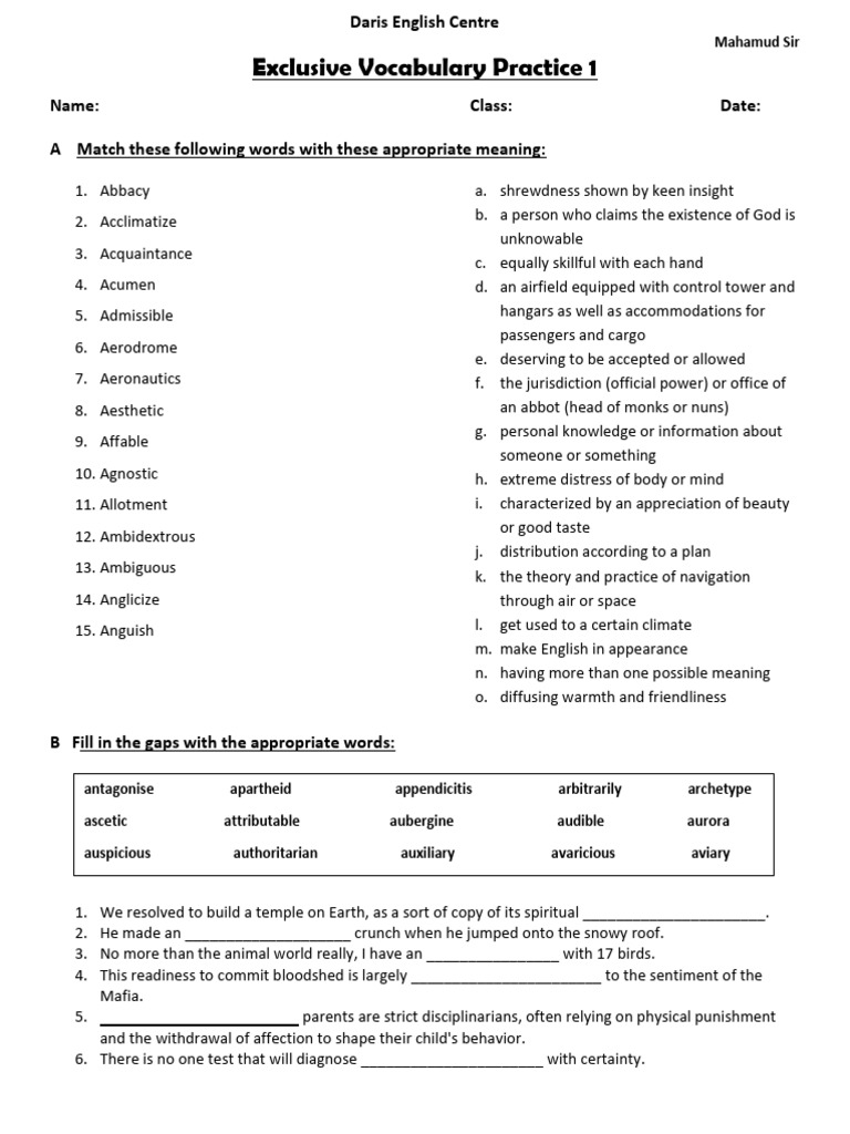 Exclusive Vocabulary Practice Guide | PDF