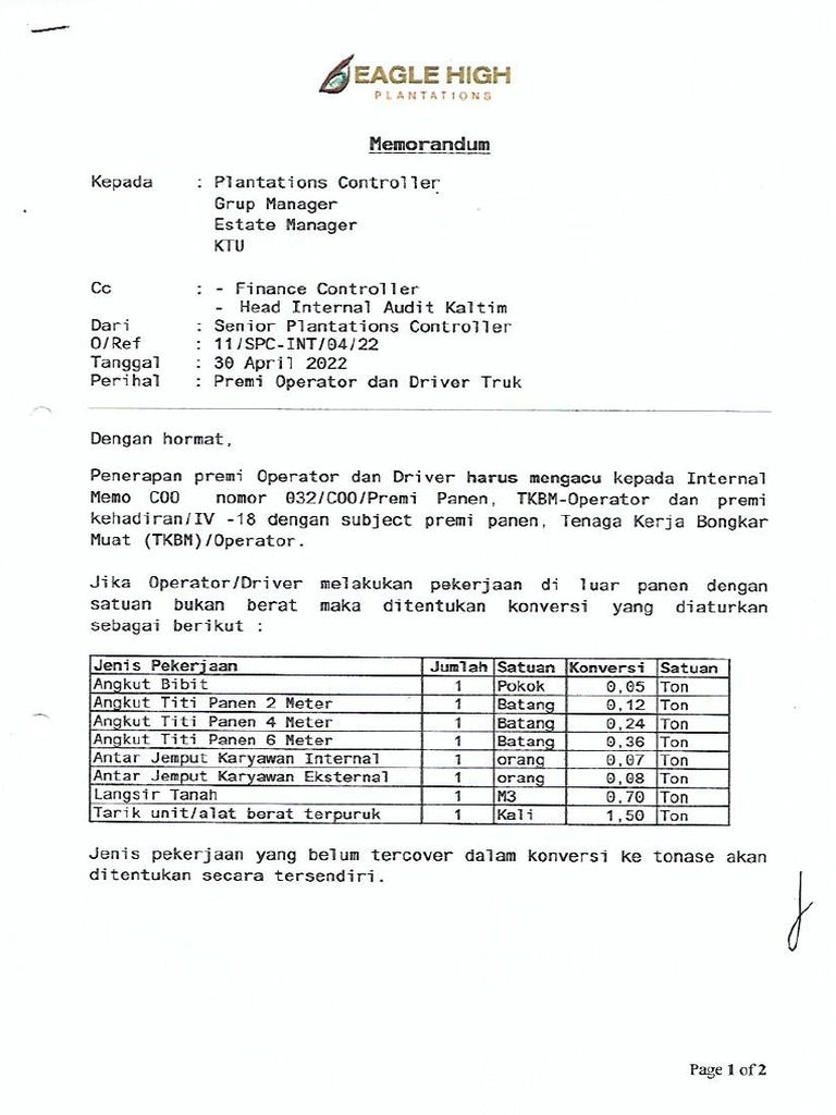011 SPC - Memo Premi Operator & Driver Truk-1-1 | PDF