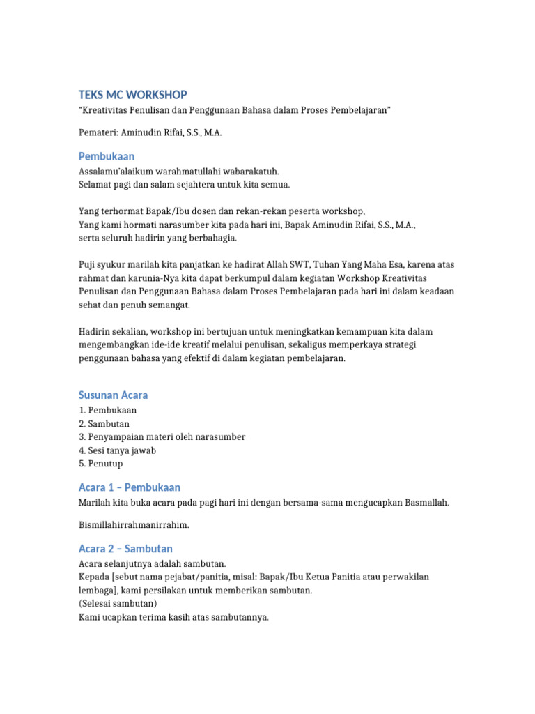 Teks MC Workshop Kreativitas Penulisan Aminudin Rifai | PDF