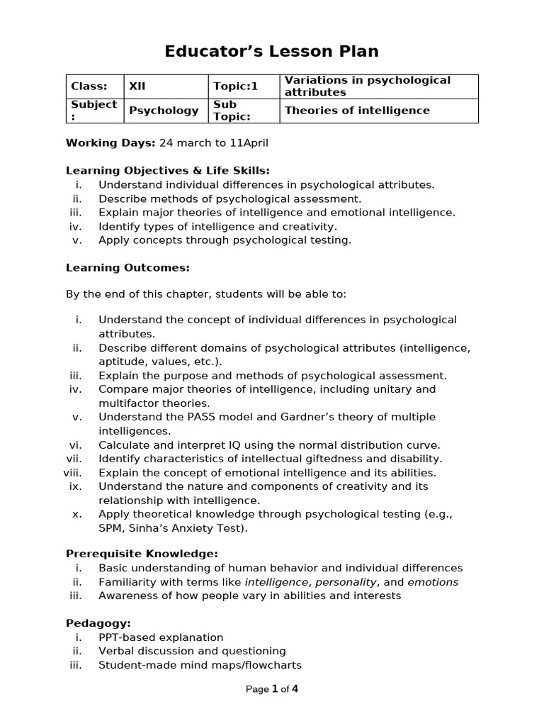 Psychology Lesson Plan: Intelligence Theories | PDF | Intelligence ...
