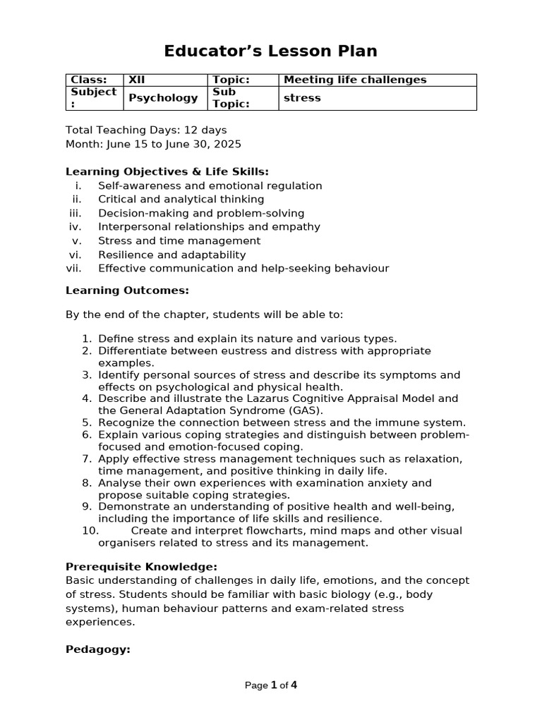 Stress Management Lesson Plan for XII | PDF | Stress (Biology ...