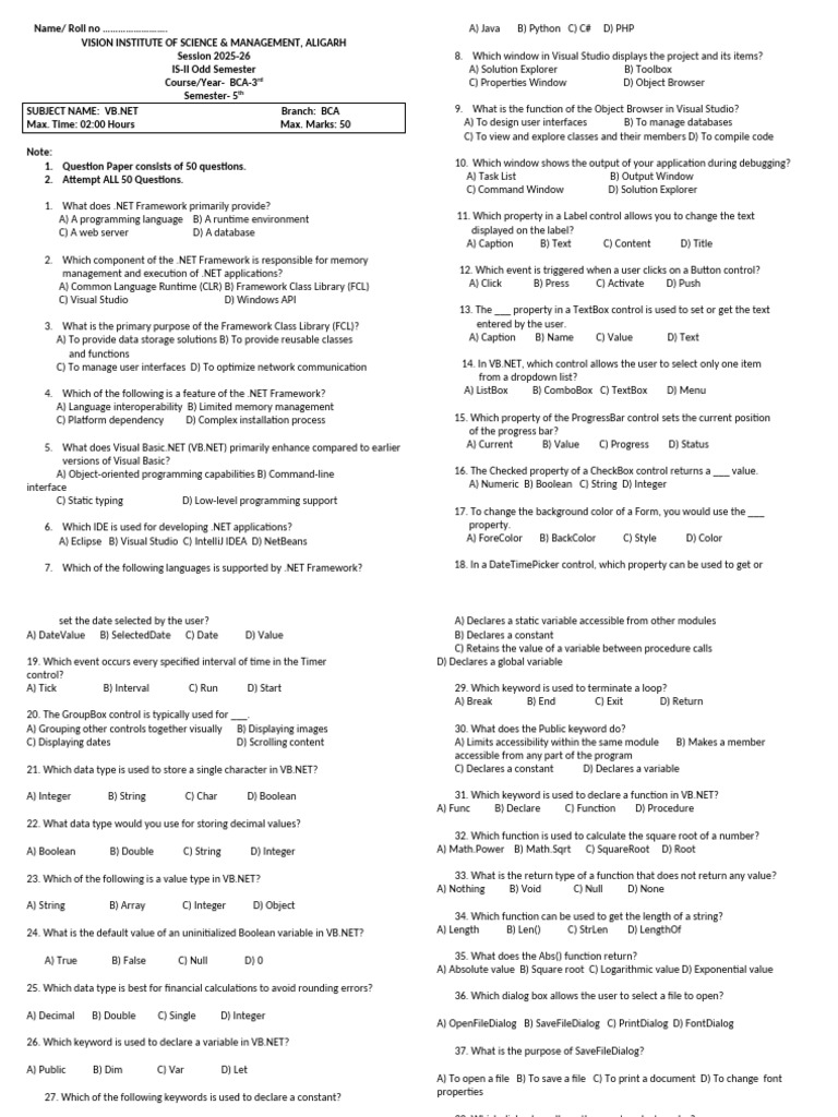 Sessional 2 MCQ Paper | PDF | Class (Computer Programming) | Object Oriented Programming