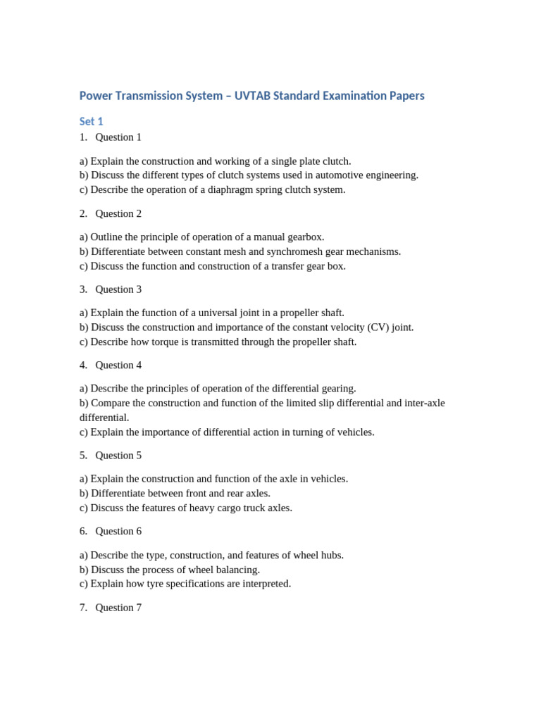 Power Transmission System Exam Papers | PDF | Manual Transmission | Axle