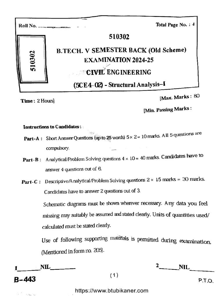 Btech Ce 5 Sem Structural Analysis 1 510302 2025 | PDF