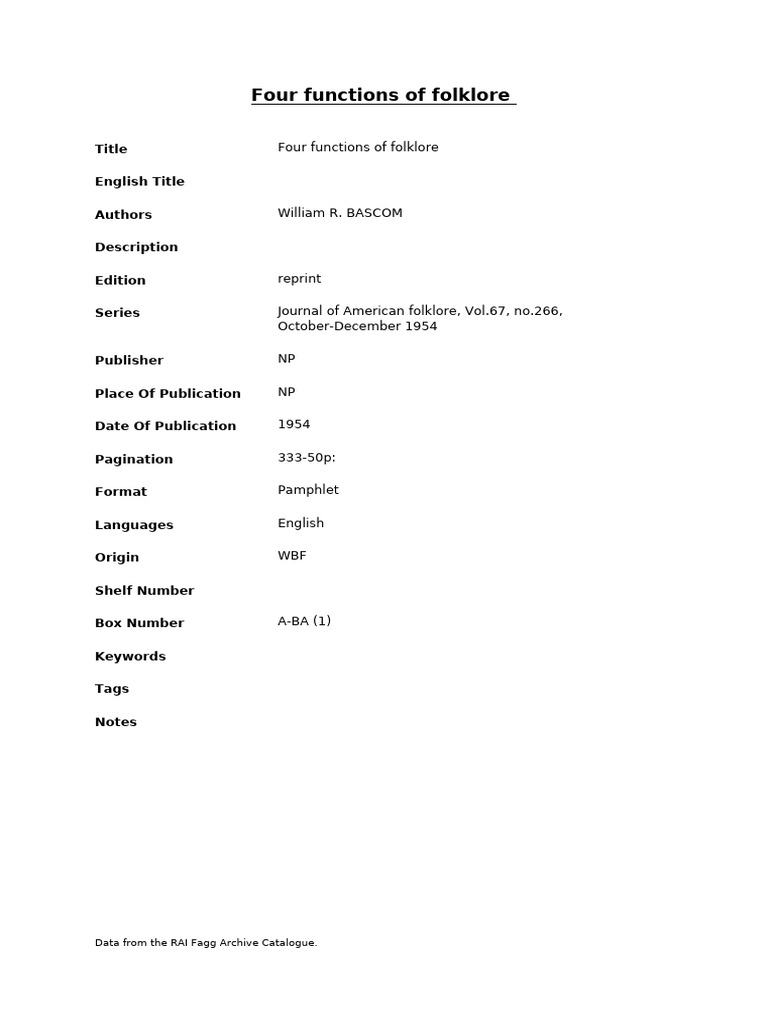 Functions of Folklore Explained | PDF