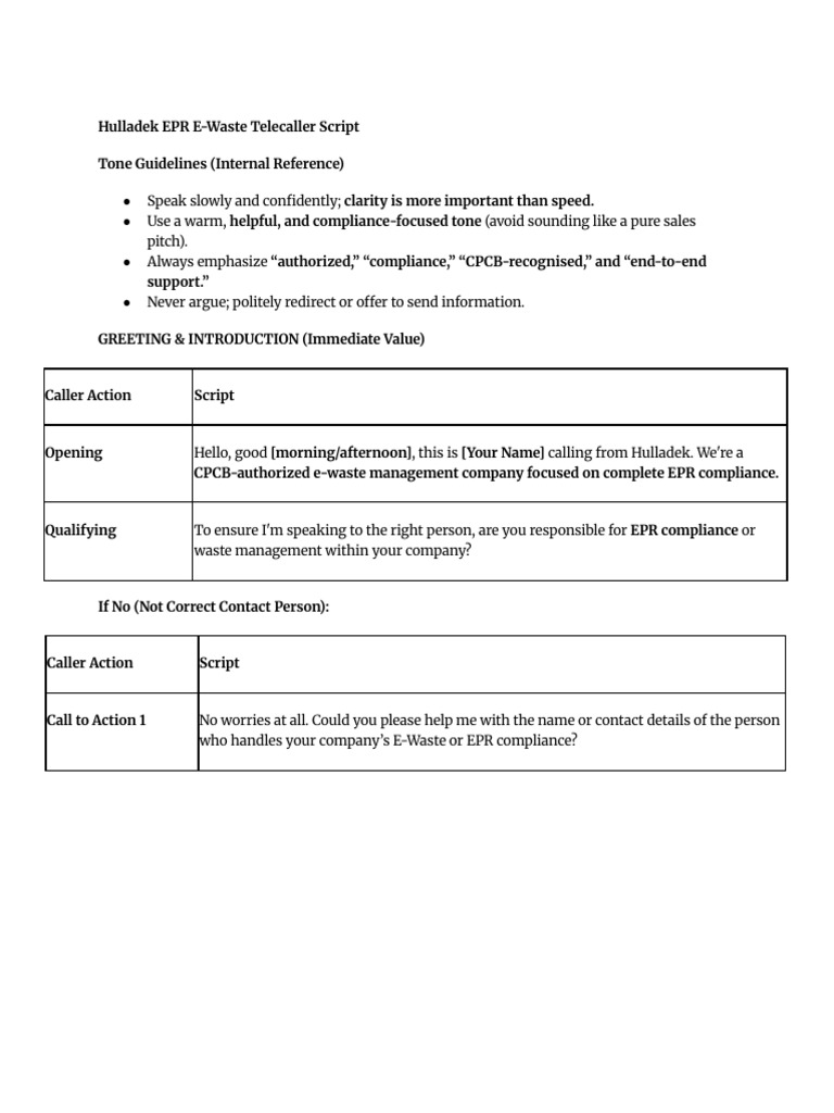 Hulladek E-Waste Telecaller Script | PDF | Electronic Waste