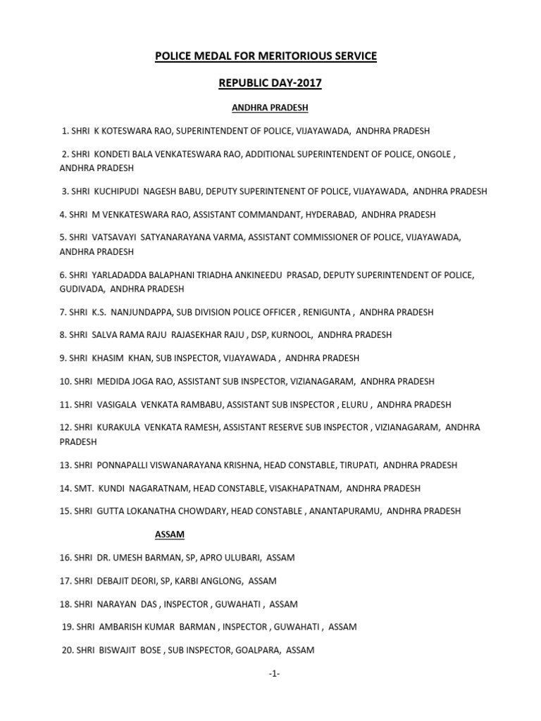 Police Medal For Meritorious Service Republic Day-2017: Andhra Pradesh ...