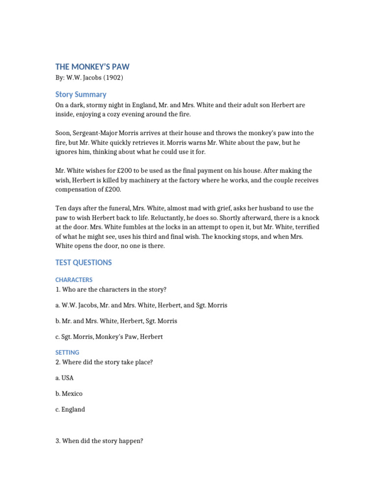 The Monkeys Paw Test Questions | PDF