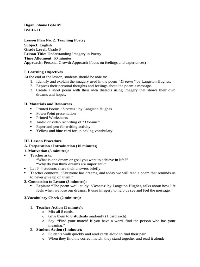 Detailed Lesson Plan 2 Teaching Poetry Dreams 2222 | PDF | Poetry | Dream