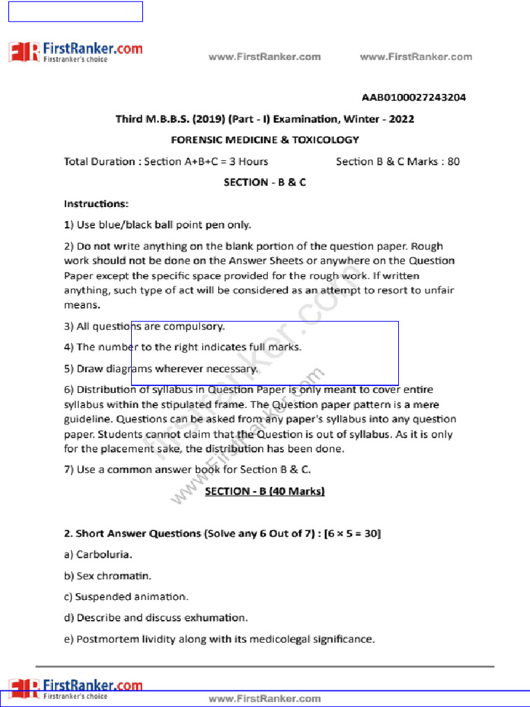 FR Forensic Medicine and Toxicology 2022 Winter Question Paper | PDF