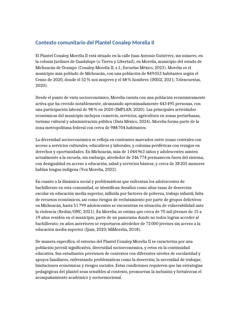 Contexto Comunitario Conalep Morelia II | PDF | México