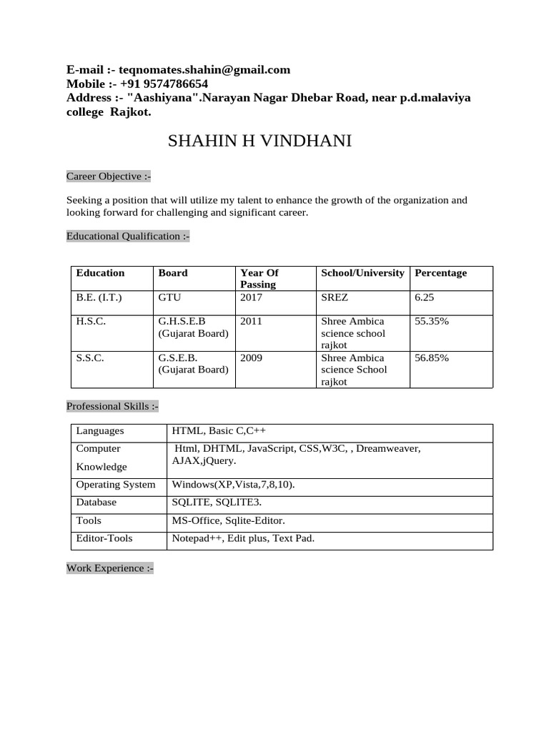 Shahin Vindhani - Resume Fresher | PDF | J Query | Php