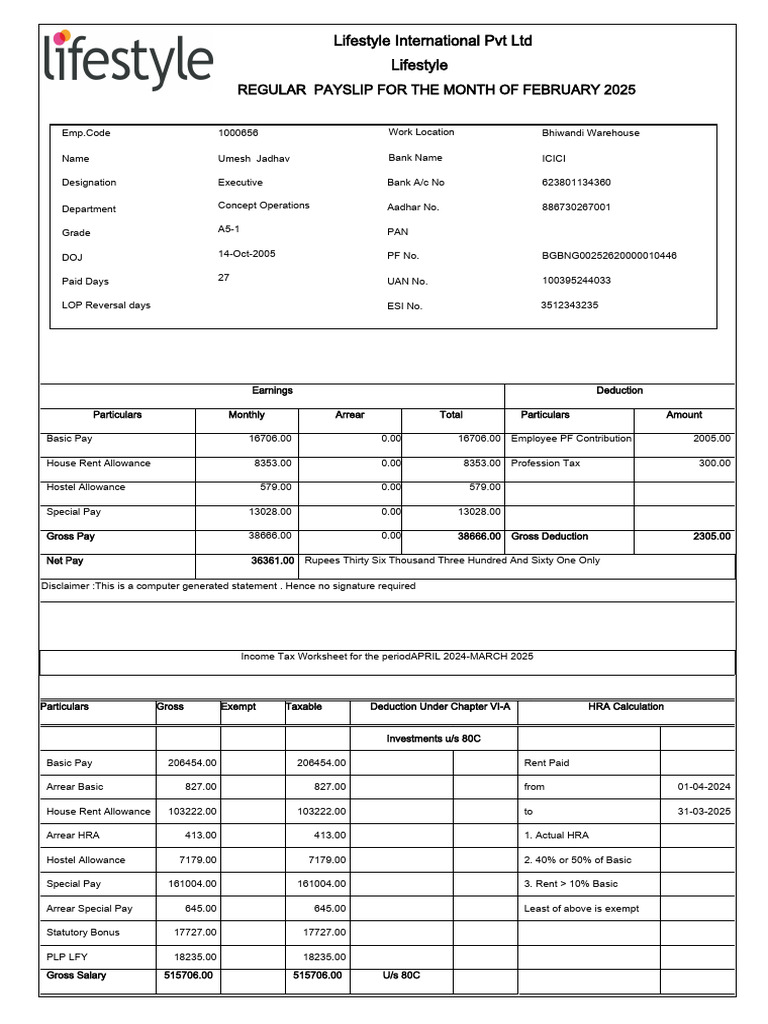 Month of February 2025 Payslip | PDF | Taxes | Tax Deduction