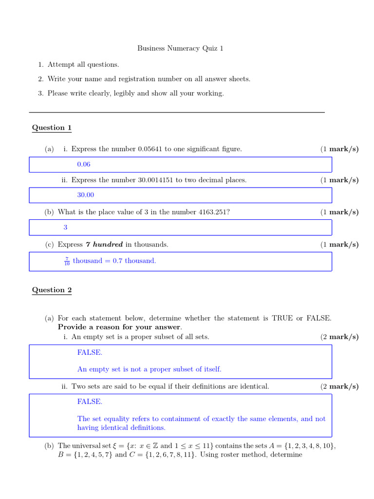 Business Numeracy Quiz 1 Guide | PDF | Numbers | Element (Mathematics)