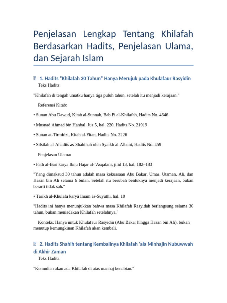 Khilafah: Hadits, Sejarah, dan Kewajiban | PDF