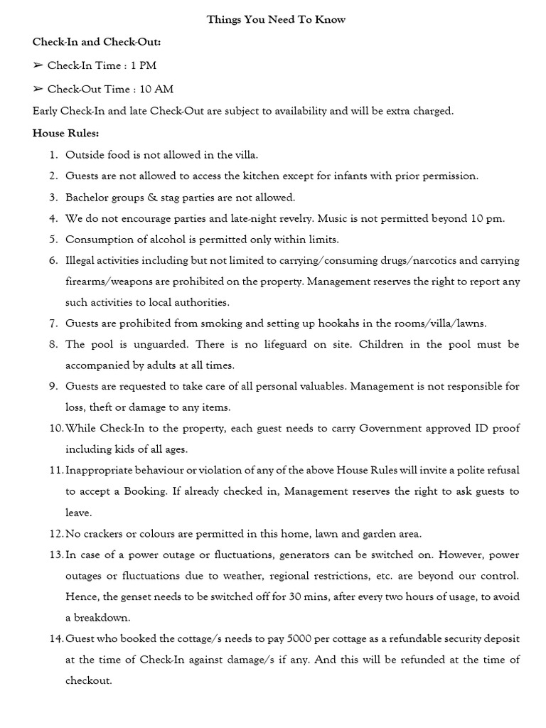 Villa Check-In, Rules & Policies | PDF